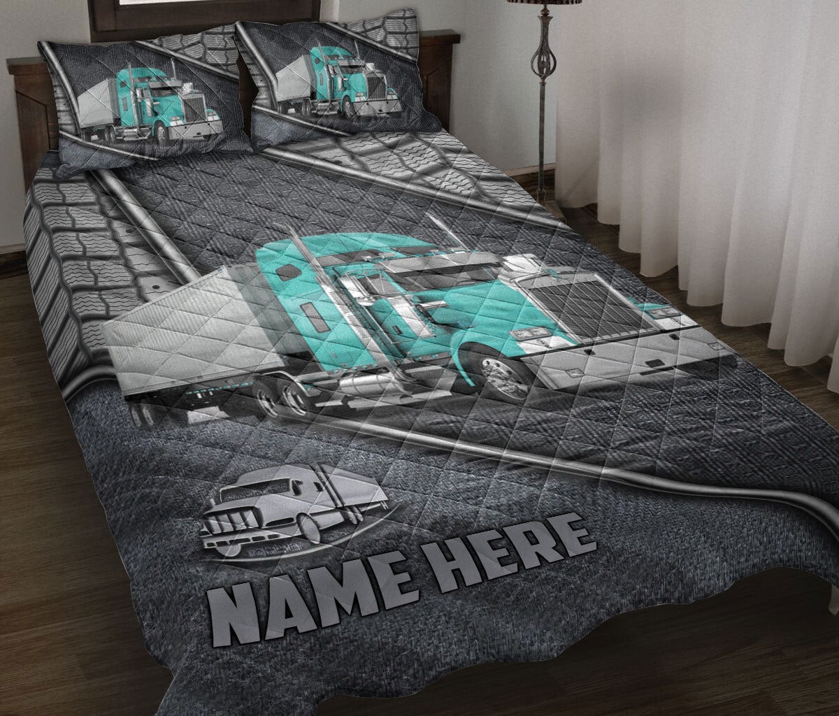 Personalized Trucker Quilt Set Cyan Truck - LuvinGift