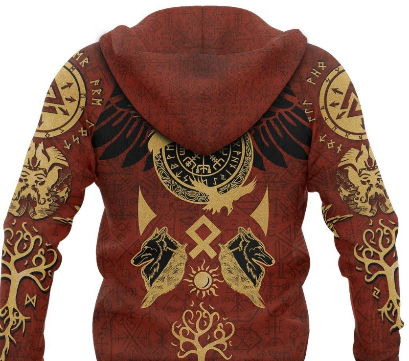 Viking All Over Hoodie Norse Mythology Tattoo Vegvisir Raven Fenrir - LuvinGift