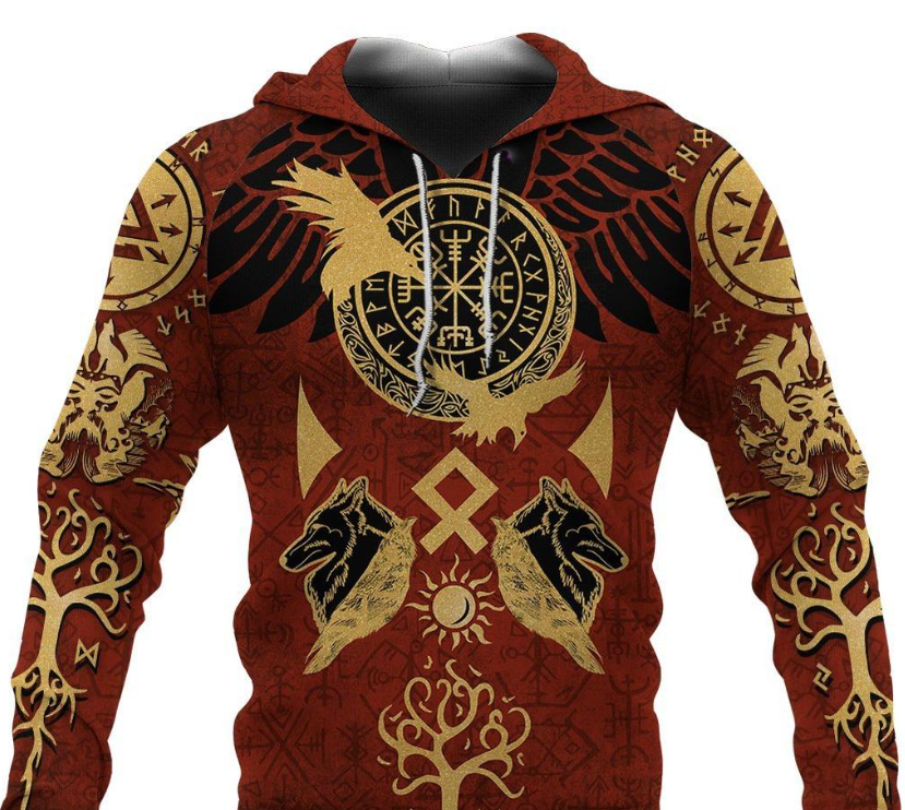 Viking All Over Hoodie Norse Mythology Tattoo Vegvisir Raven Fenrir - LuvinGift